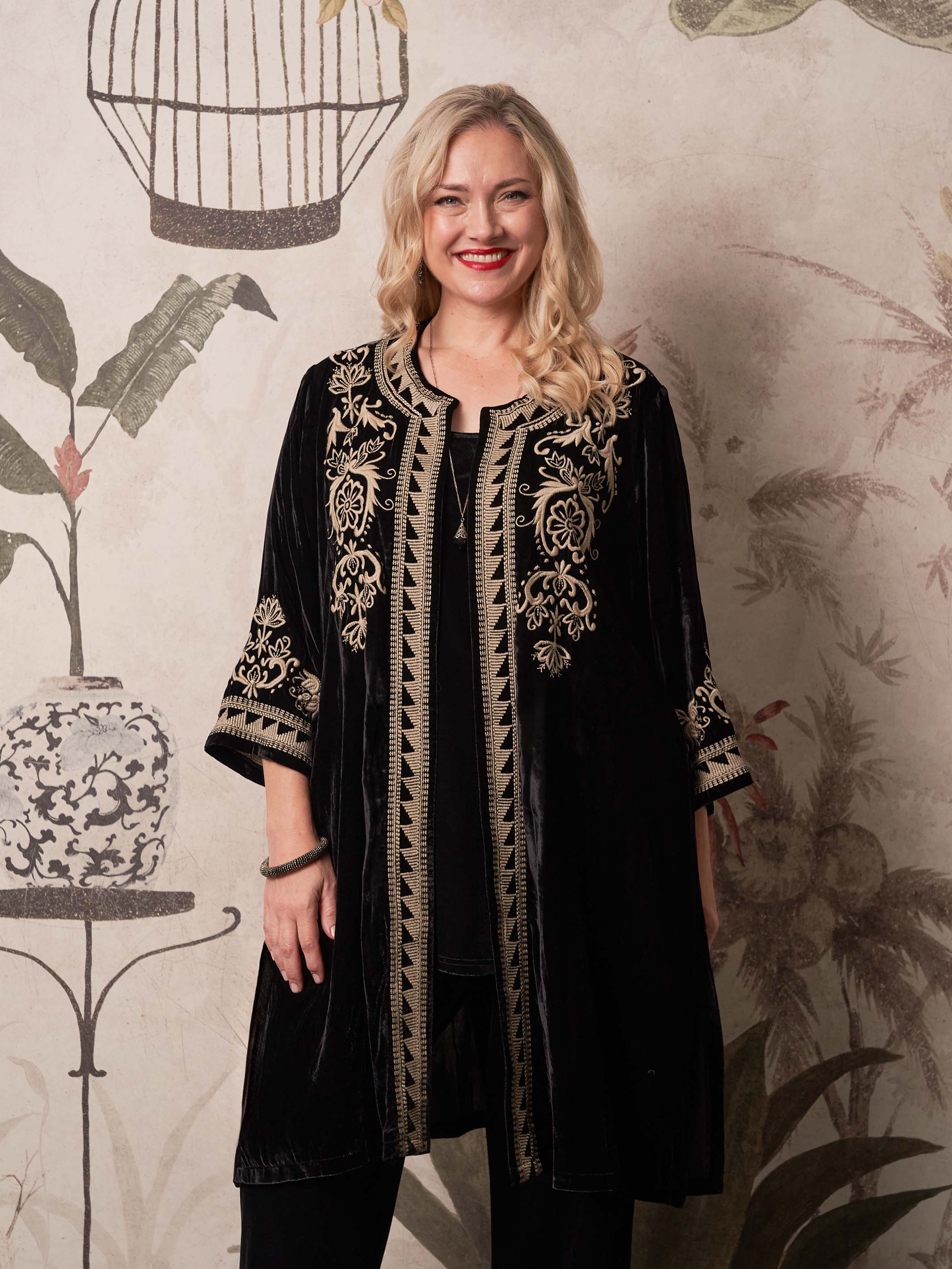 Buy Plus Size Silk Velvet Embroidered Evening Jacket - Black Online