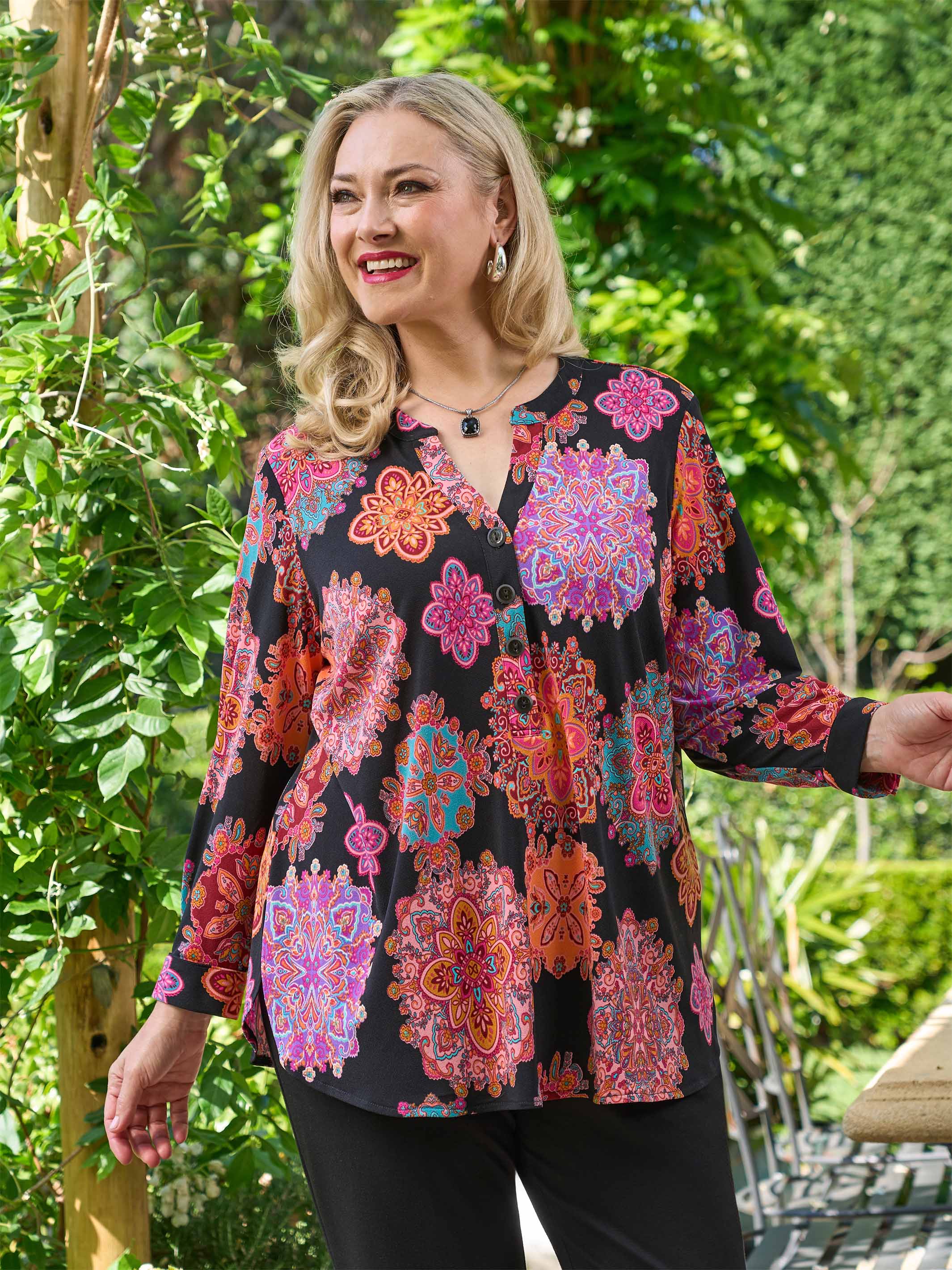 Placket Neck Printed Jeresey Top - Magic Medallions – Swish Fashion
